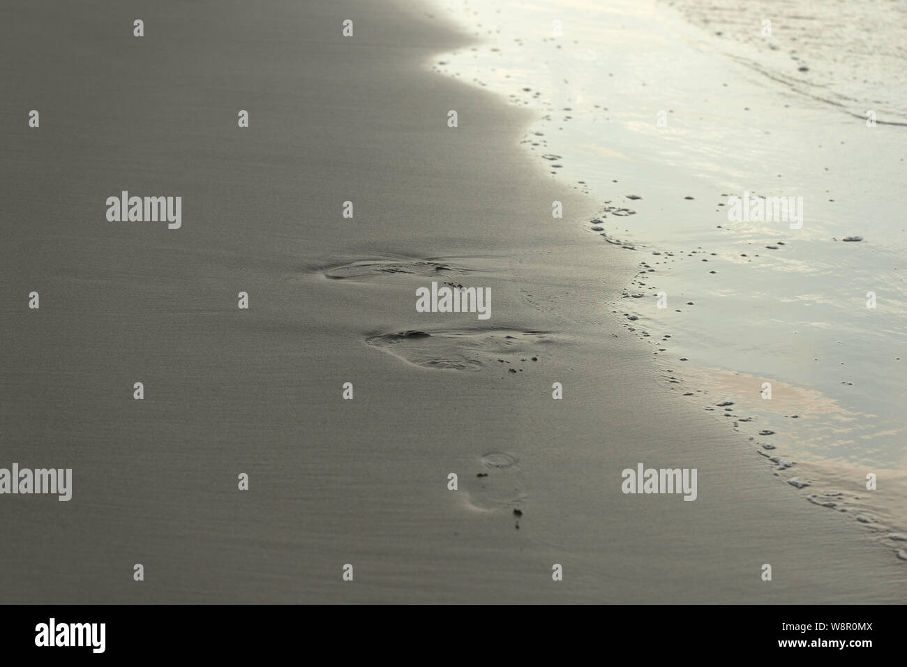 Wet sand on the beach lit by the evening sun closeup. Natural abstract ...
