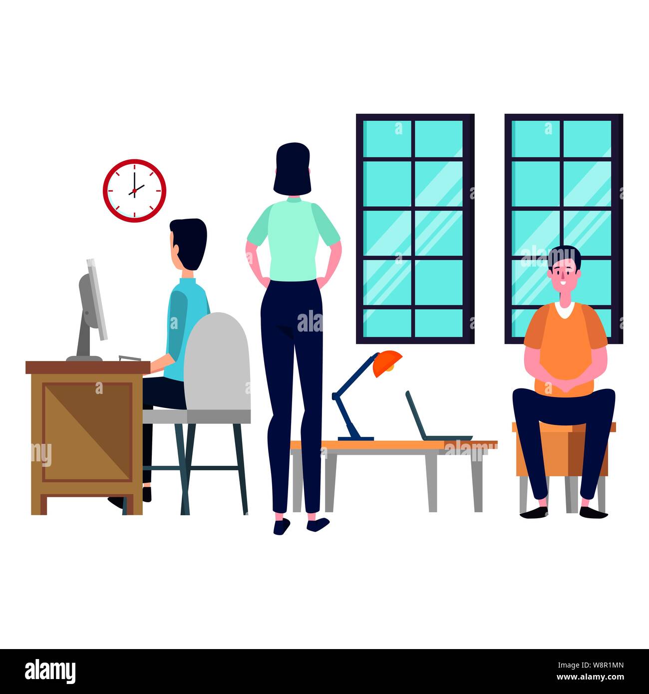 people in office workplace scene with laptop and desktop Stock Vector ...
