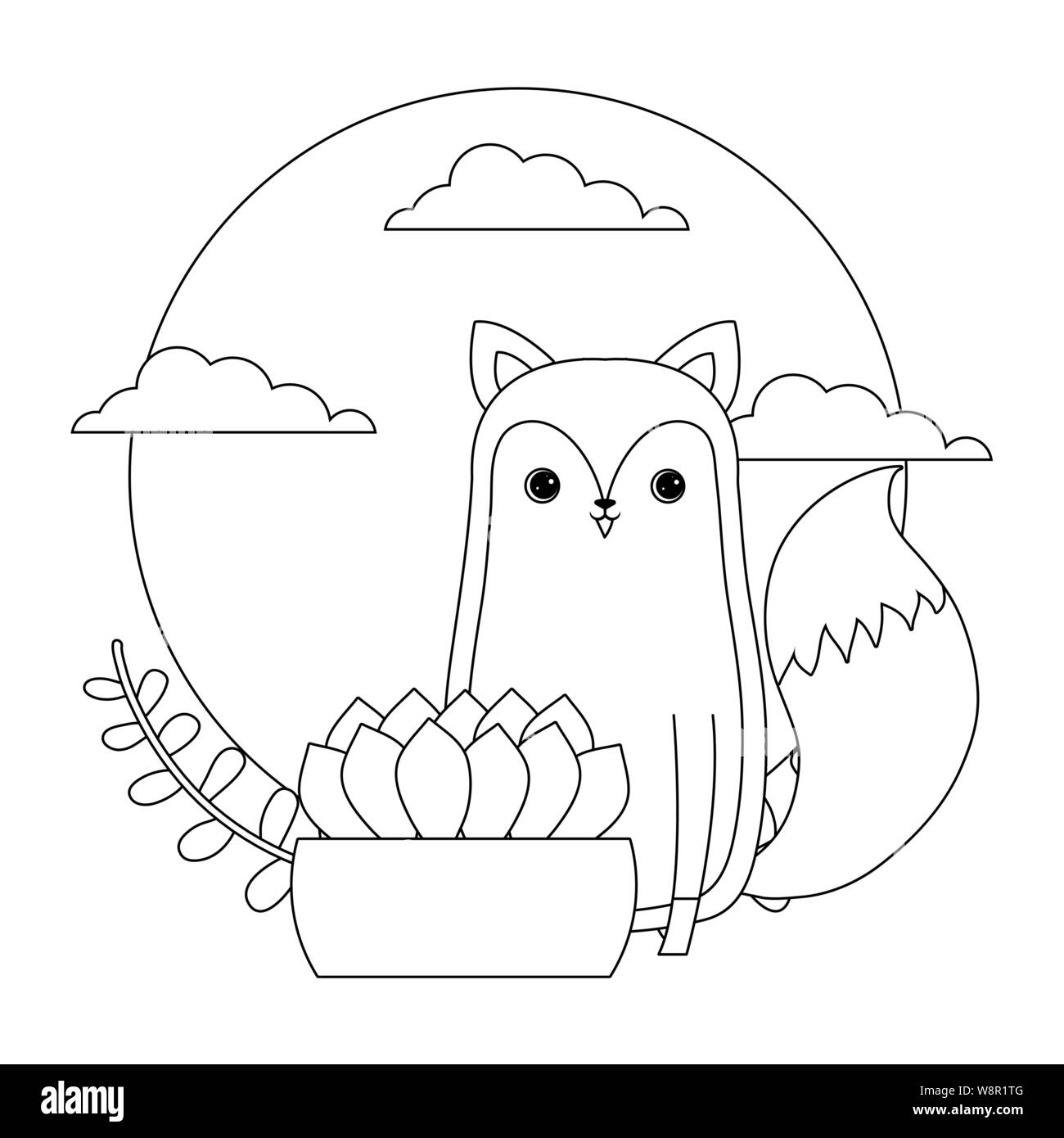 cute fox animal with house plant vector illustration design Stock ...