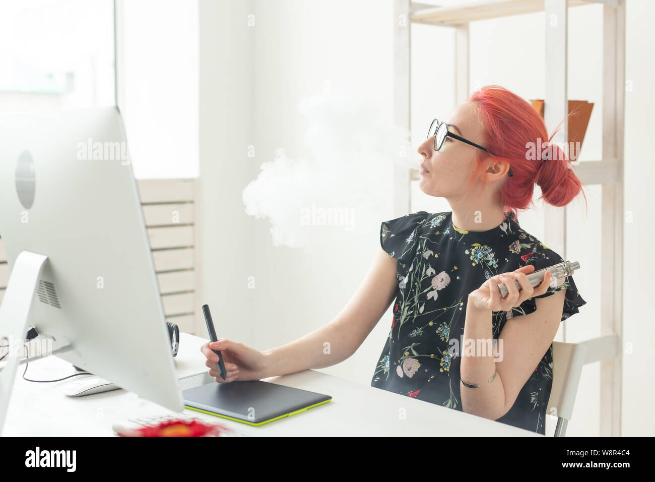 graphic designer concept - Female graphic designer working on computer ...