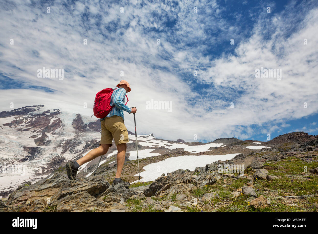 Backpacker in hike in the autumn mountains Stock Photo - Alamy