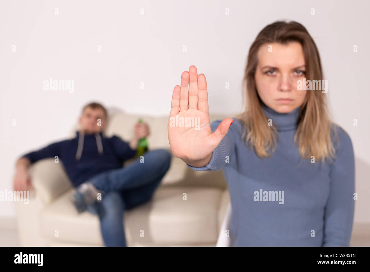 People, domestic violence and abuse concept - Woman shows stop abusing ...
