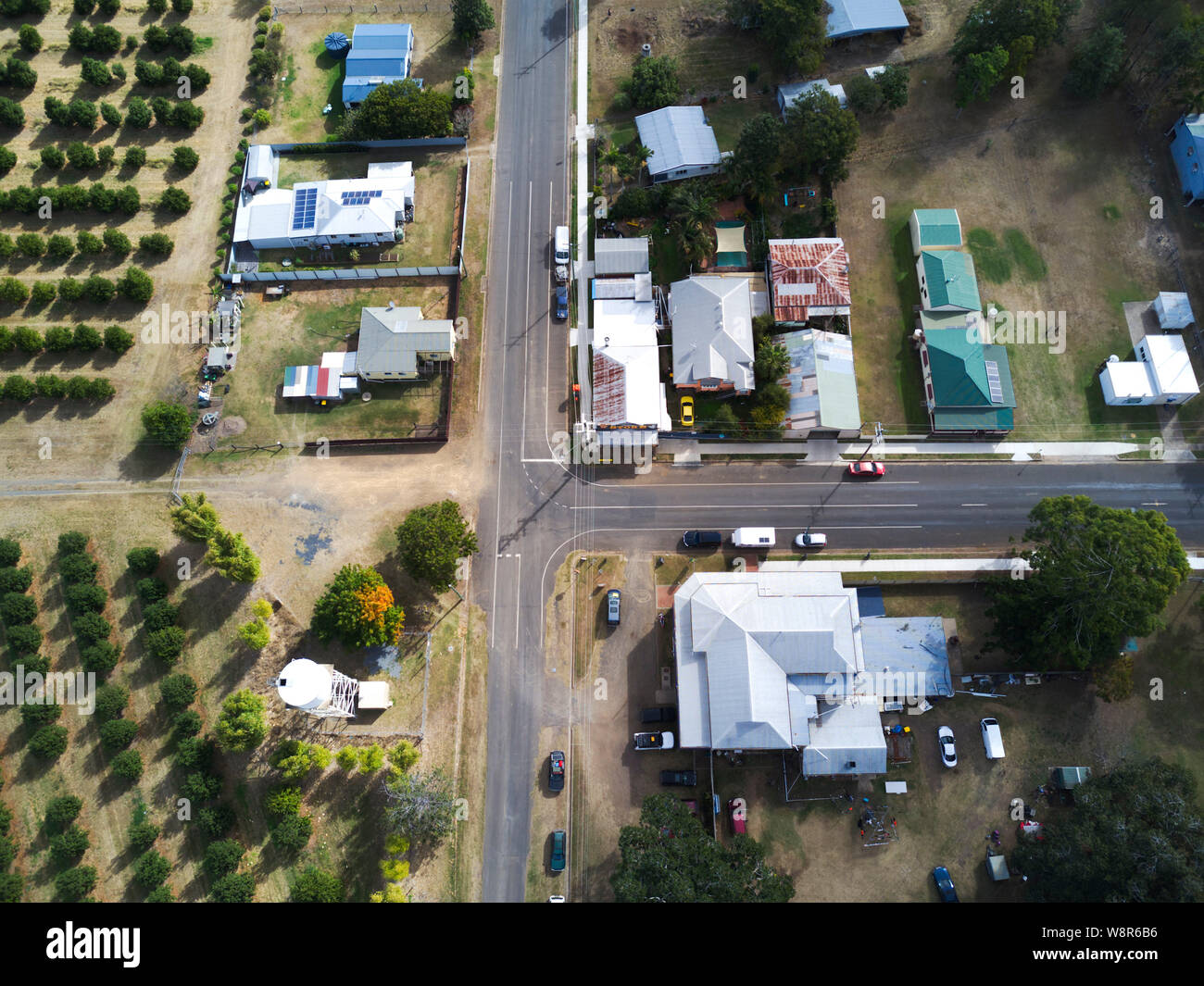 Aerial of small village of Wallaville Queensland Australia on the banks ...