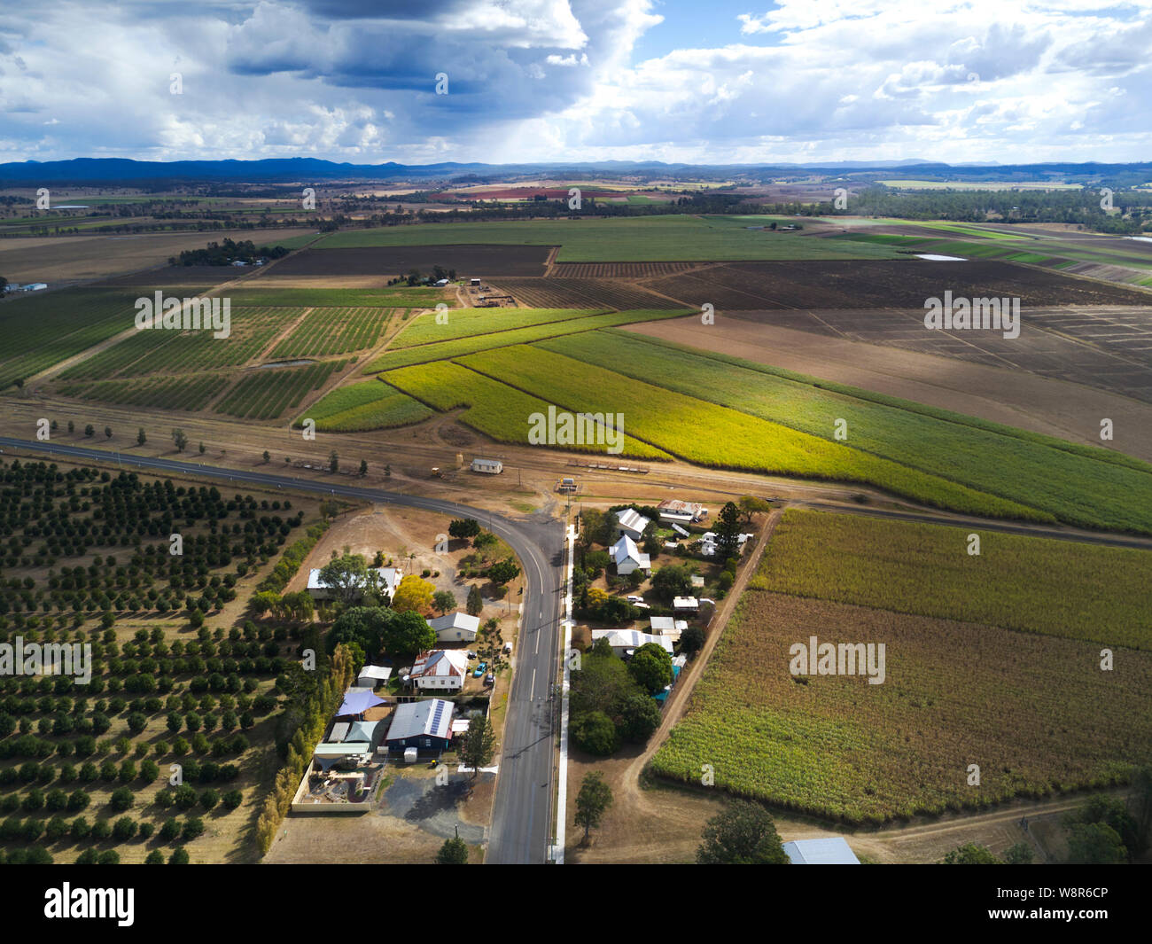Aerial of small village of Wallaville Queensland Australia on the banks ...