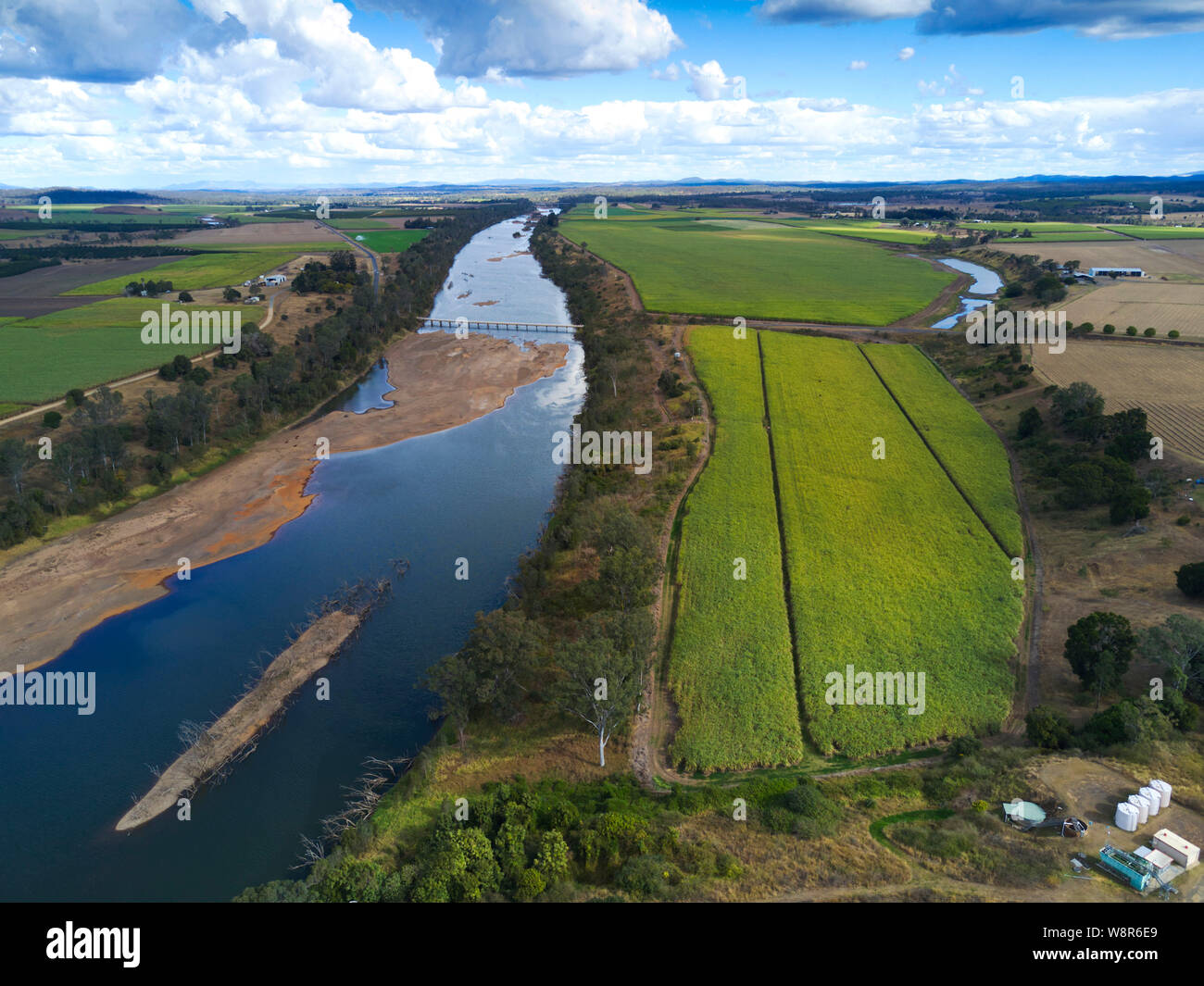 Aerial of the Burnett River as it passes Wallaville Queensland ...
