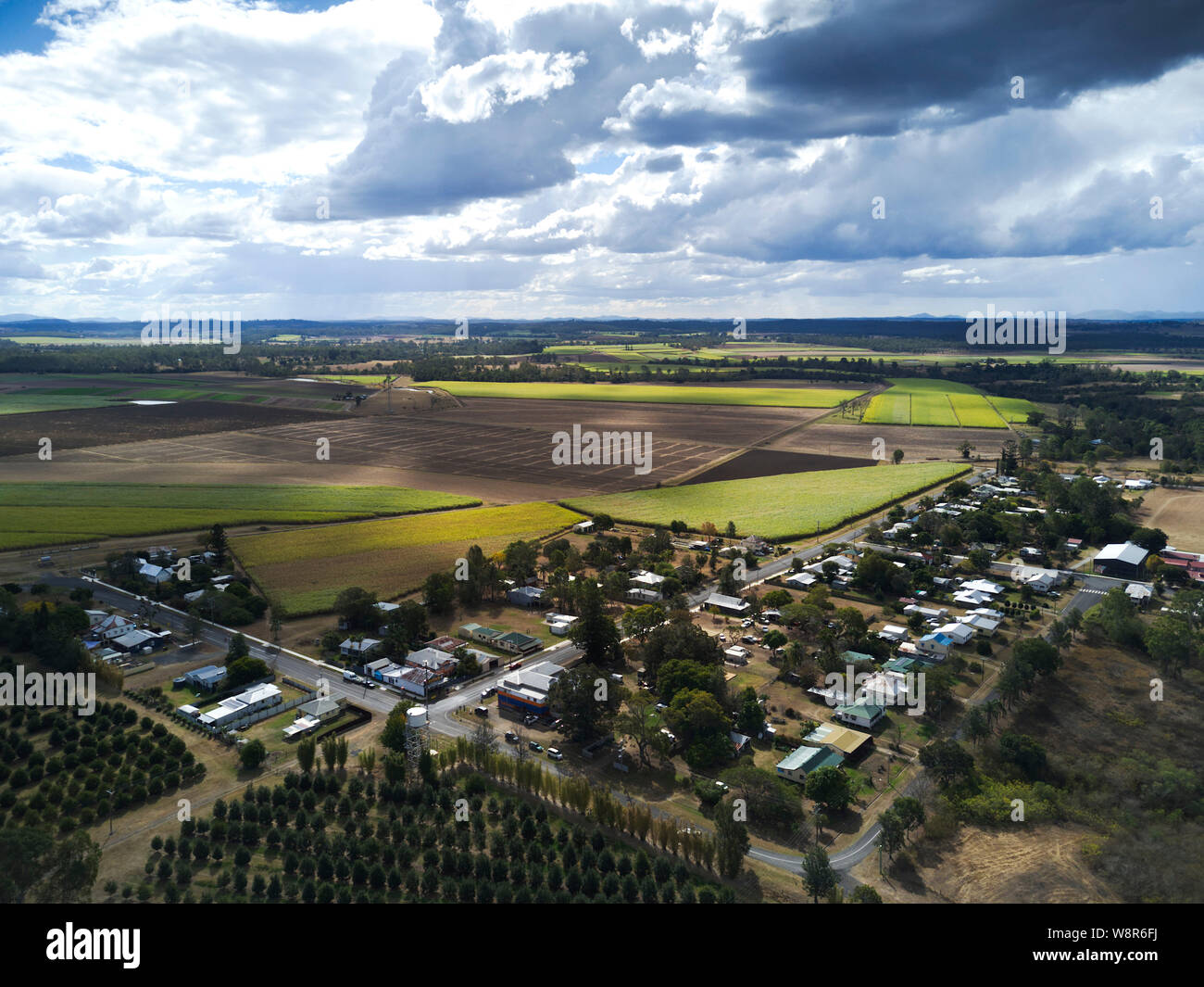 Aerial of small village of Wallaville Queensland Australia on the banks ...