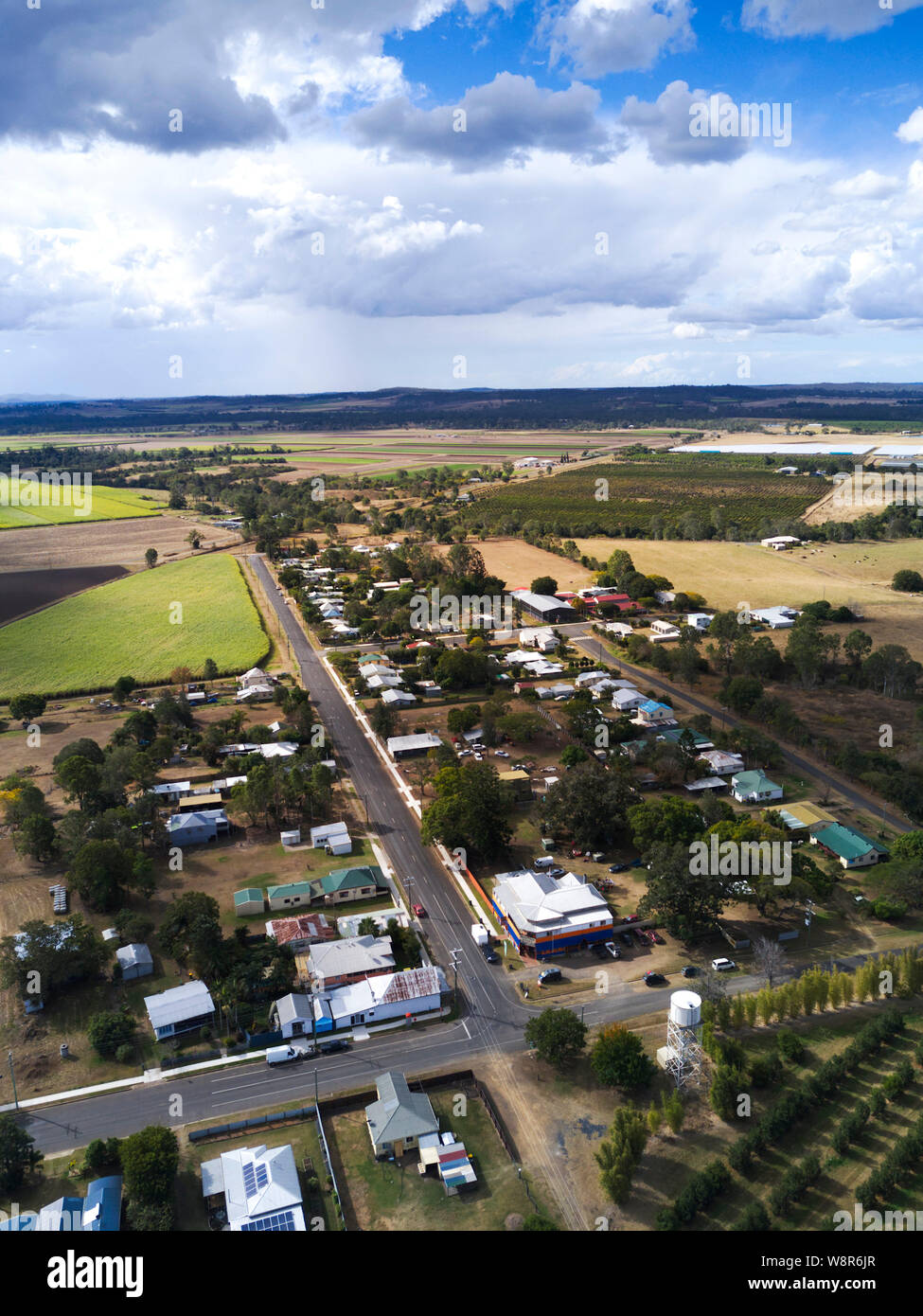 Aerial of small village of Wallaville Queensland Australia on the banks ...