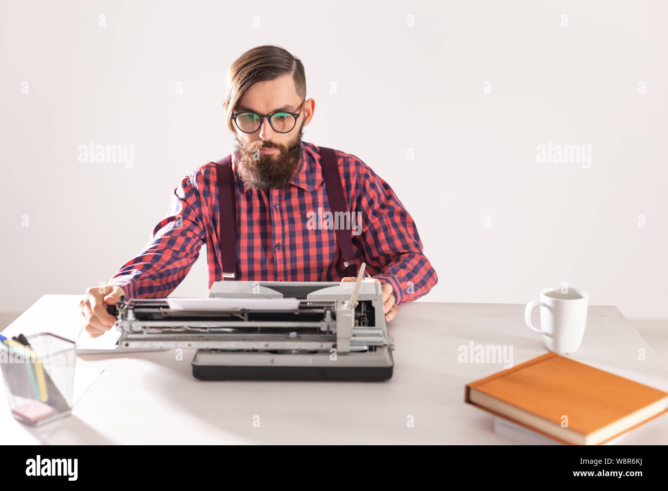 People and technology concept - Portrait of writer working on ...