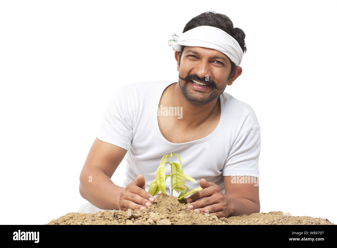 Rural man planting seedling in soil Stock Photo - Alamy