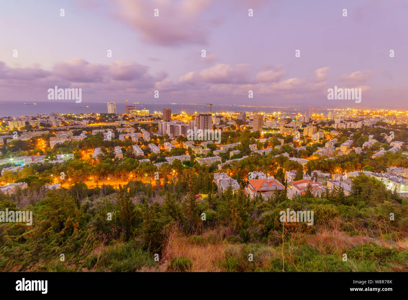 Sunset view of the downtown area, and the port, in Haifa, Israel Stock ...