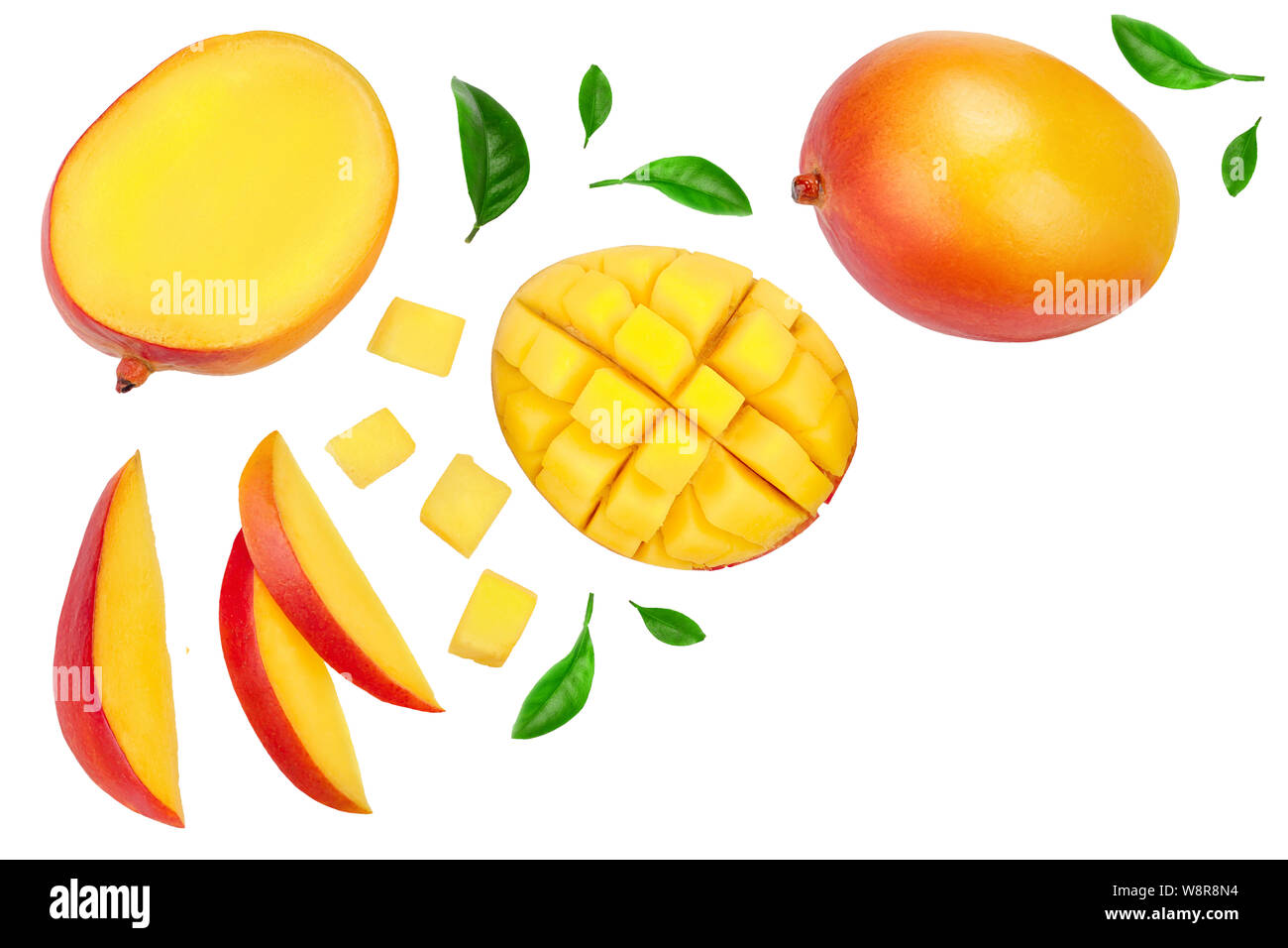 Mango fruit and half with slices isolated on white background with copy ...