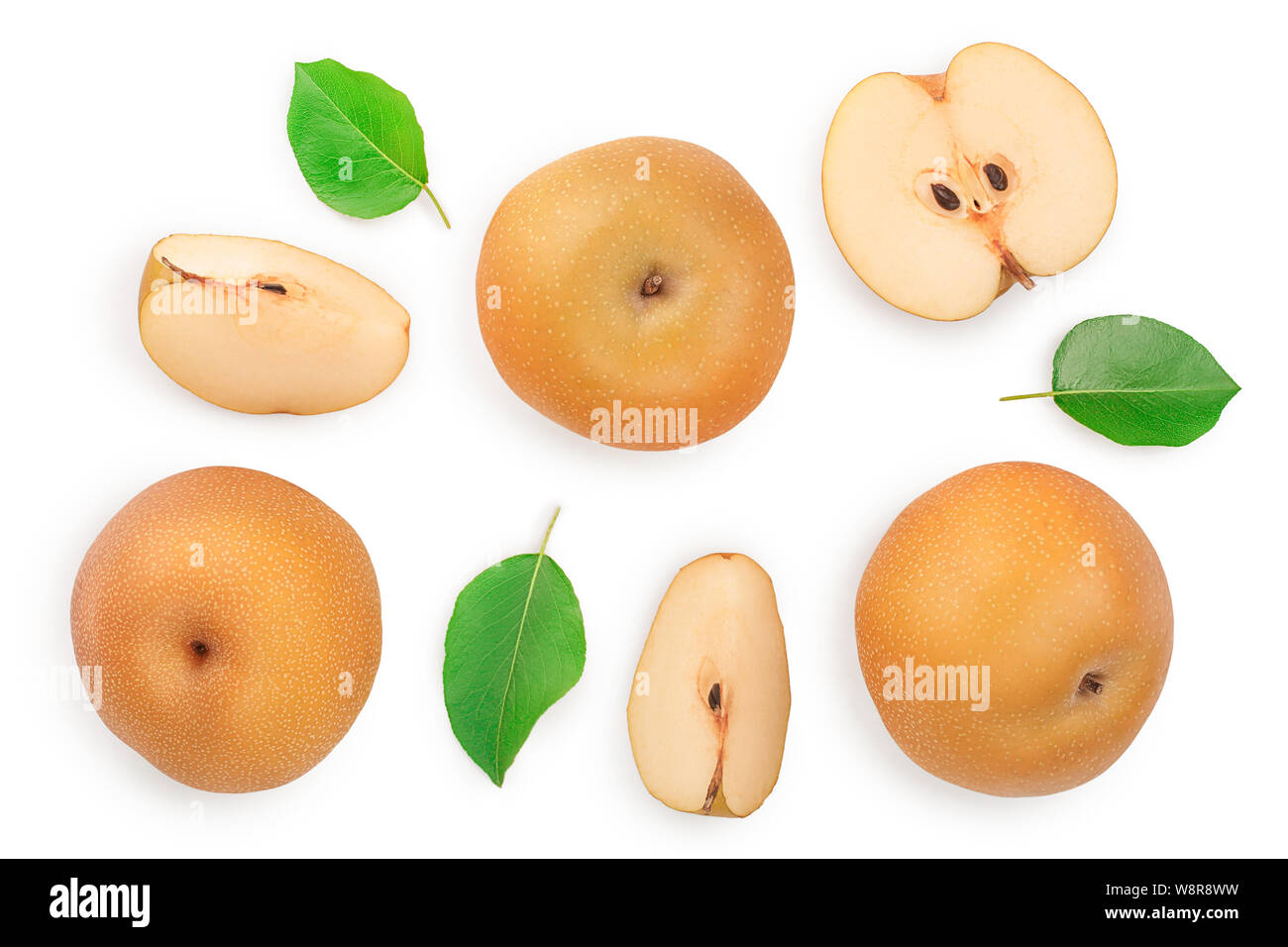 Fresh asian pear with leaves isolated on white background. Top view ...