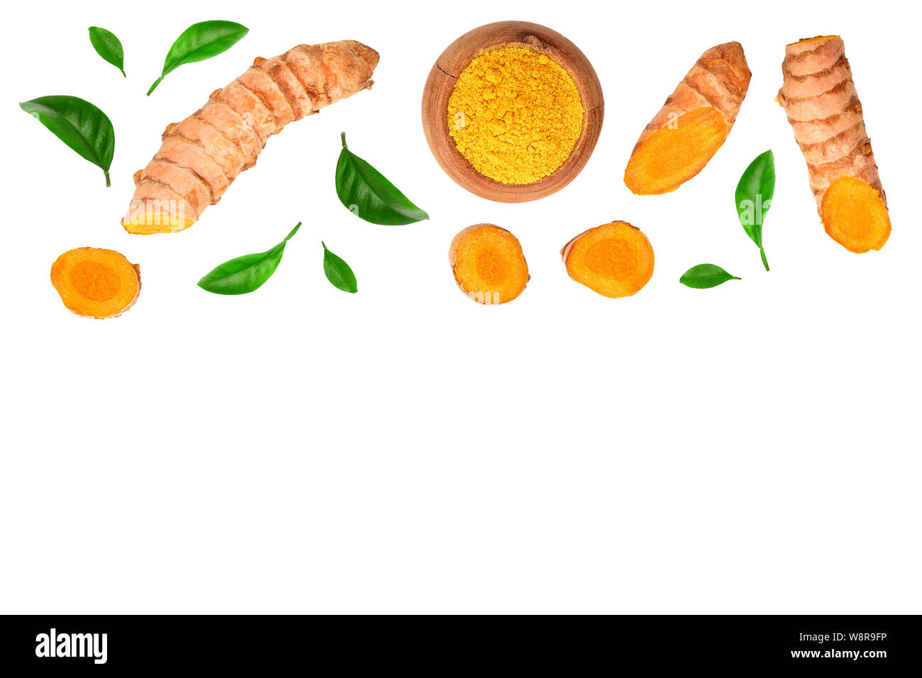 Turmeric powder and turmeric root isolated on white background with ...