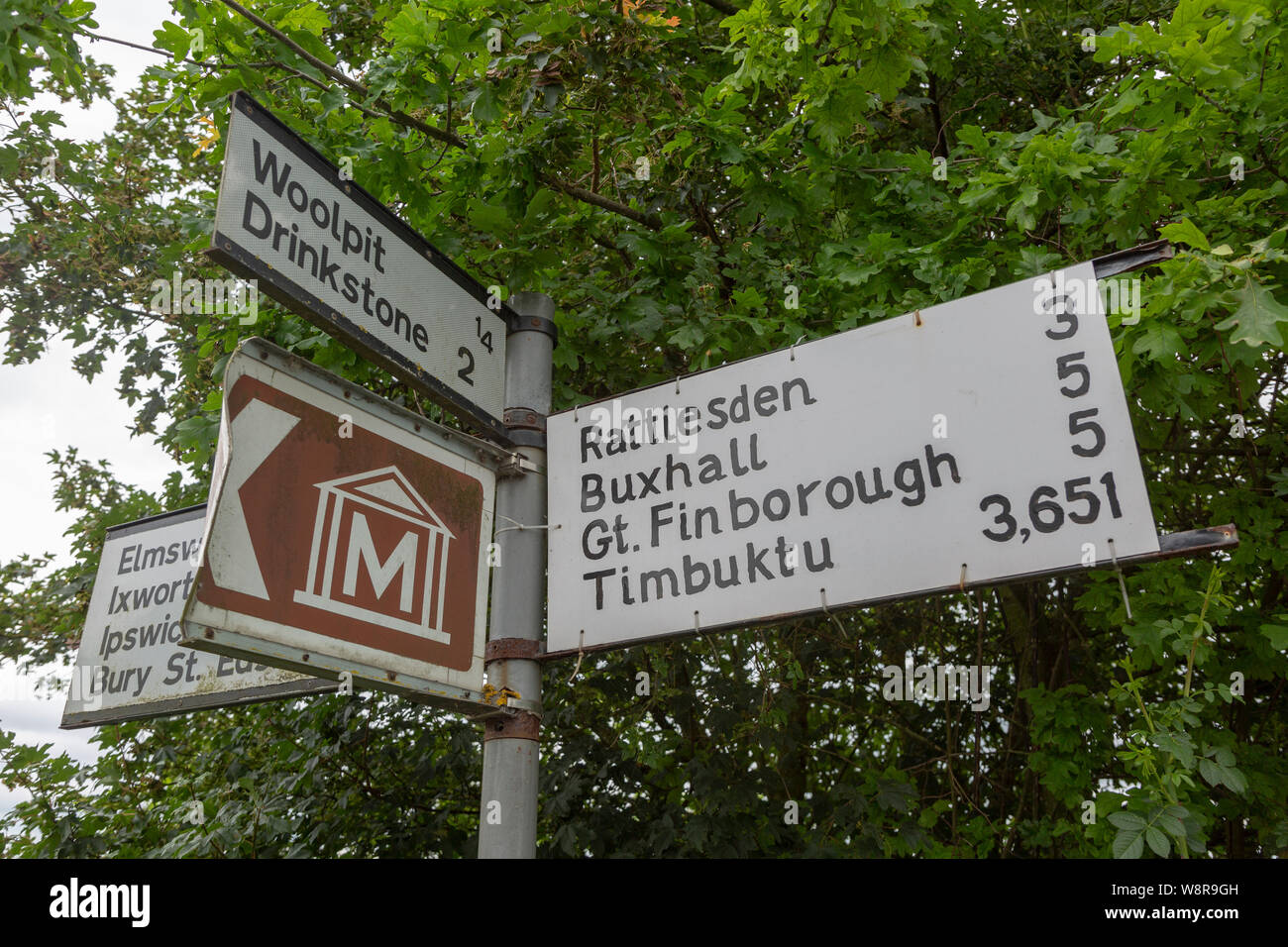 Spoof pretend road sign with distance to Timbuktu, Woolpit, Suffolk ...