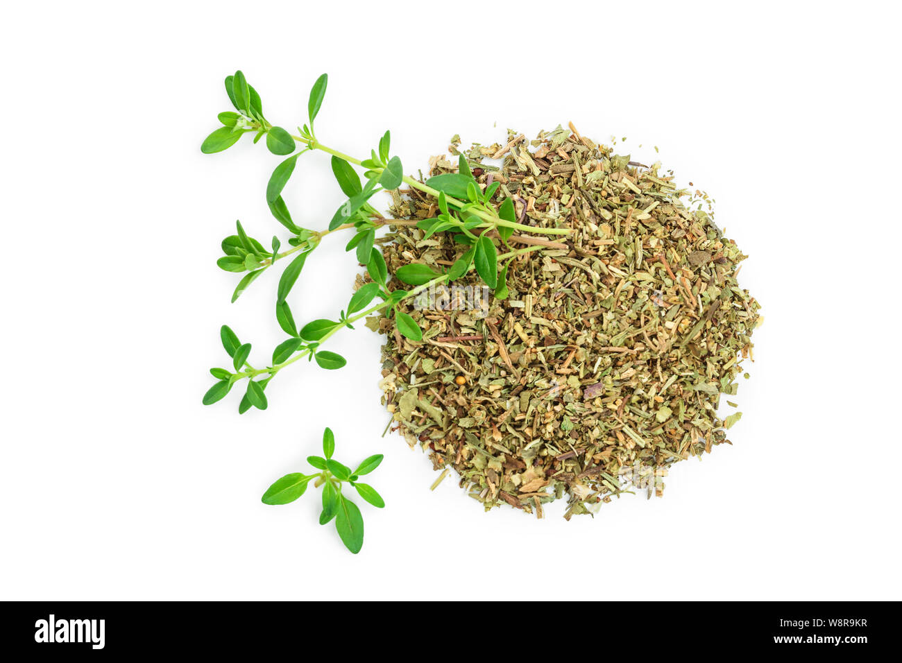 Green thyme with dried thyme leaves isolated on white background close up Stock Photo - Alamy