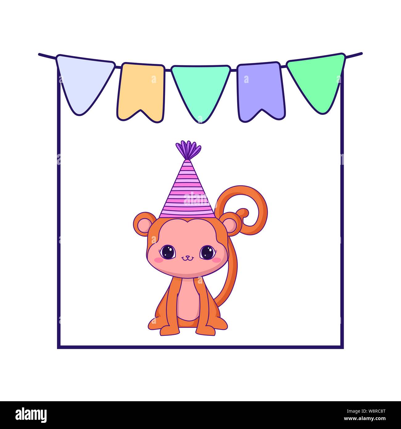 cute monkey animal with hat party and garlands vector illustration ...