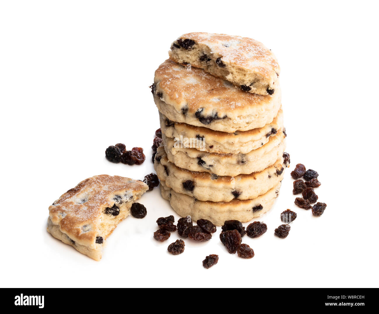 Stack of iced Welsh cakes with raisins isolated on white Stock Photo ...