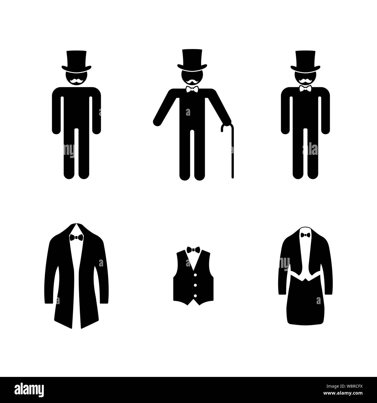 Set of gentleman stick figures, black mans silhouettes on a white ...
