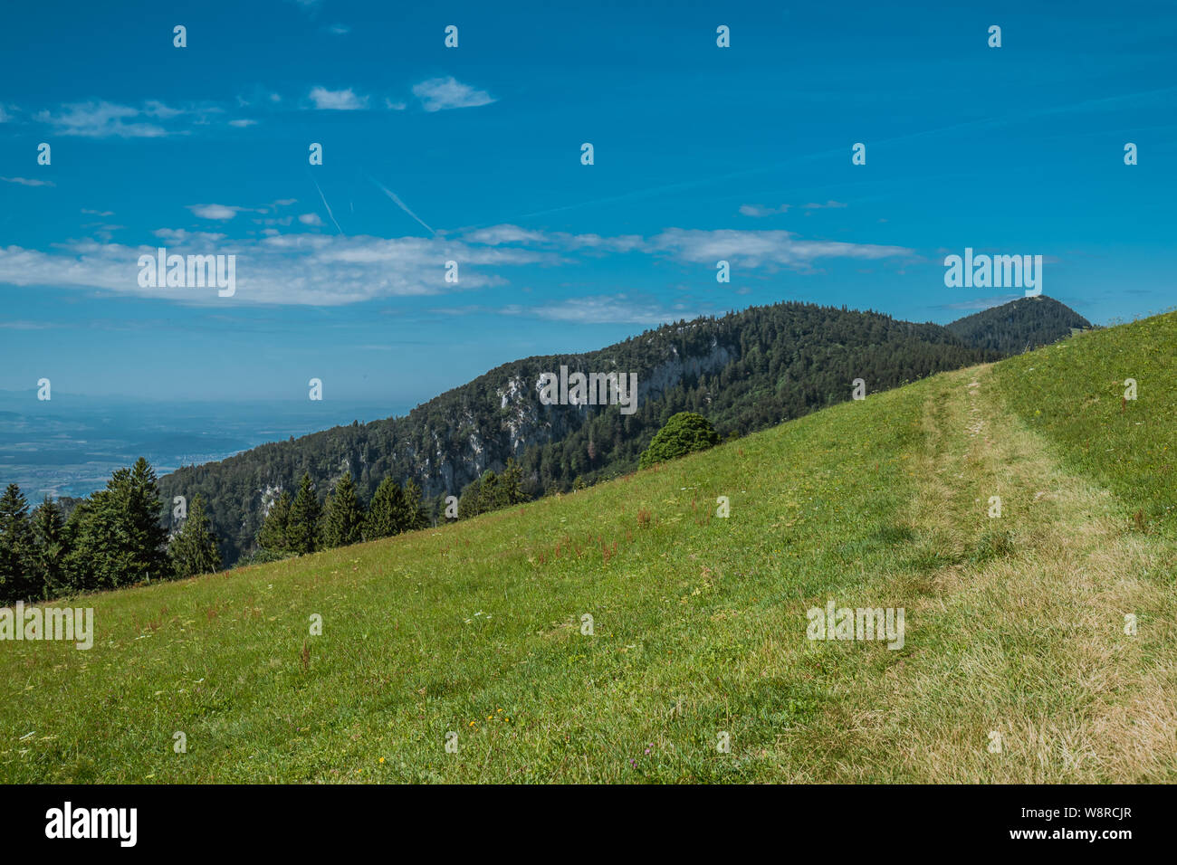 hiking on weissenstein mountain in switzerland, panorama of swiss alps ...