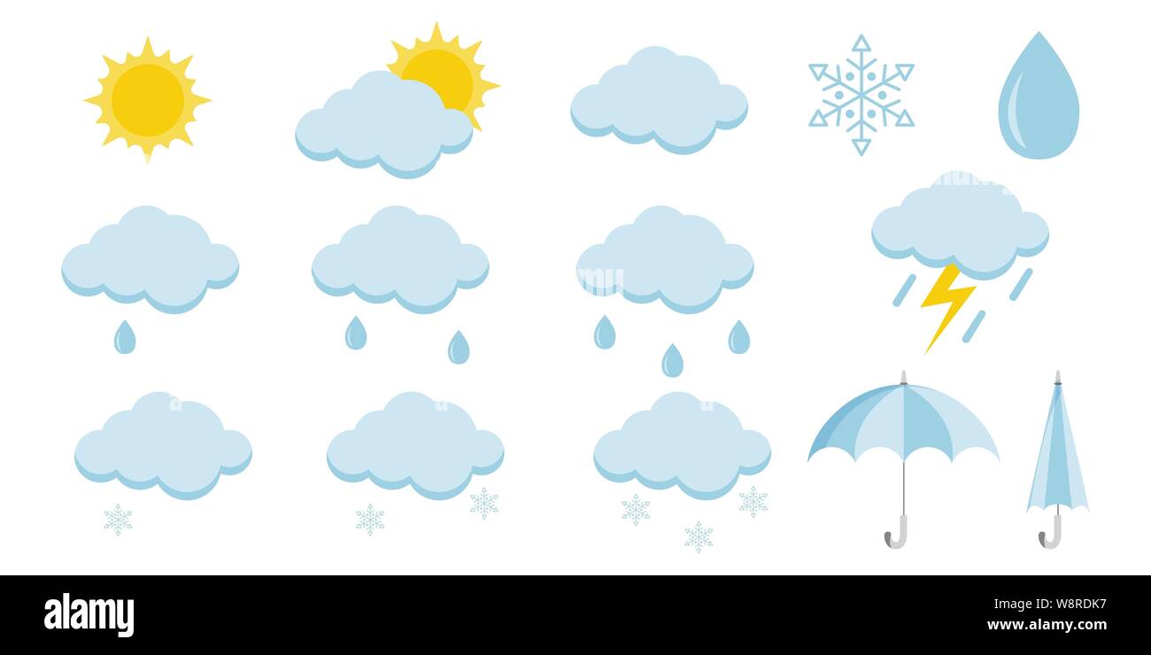 Set of cartoon weather theme icons isolated on white background Stock ...