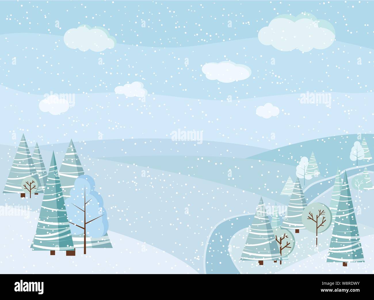 Beautiful Christmas winter river landscape background with snow, trees ...