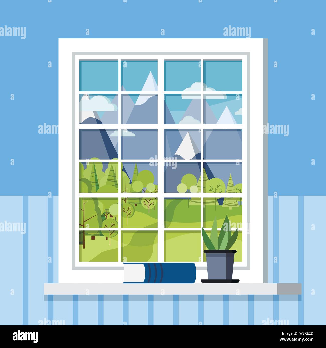 White room plastic window frame with plant in a pot and book on the ...