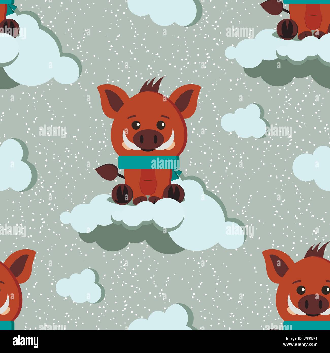 Vector seamless winter pattern with cute wild boar with scarf, clouds ...