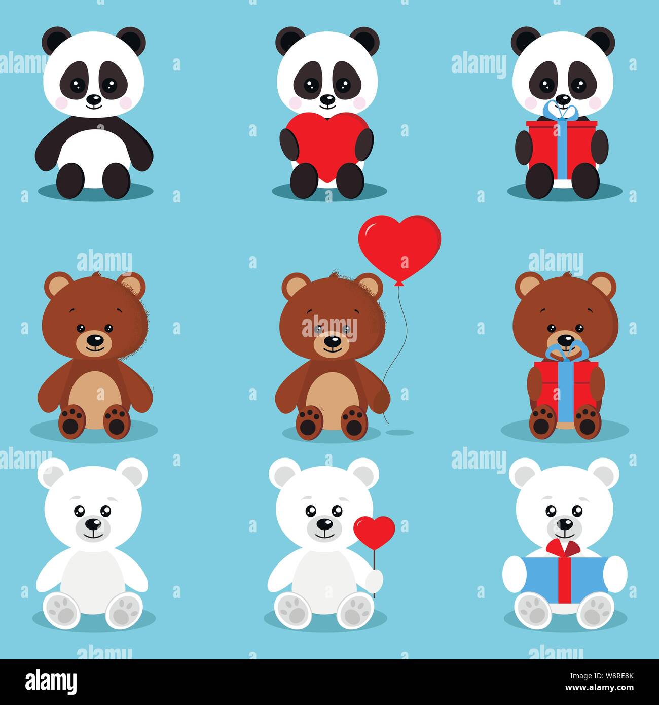 Set of isolated cute holiday bears in sitting pose with gifts and ...