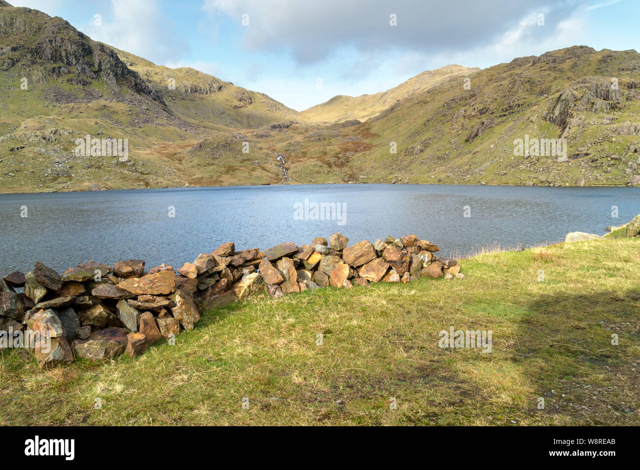 Levers water reservoir with Great How Crags beyond, Coniston Fell, Lake ...