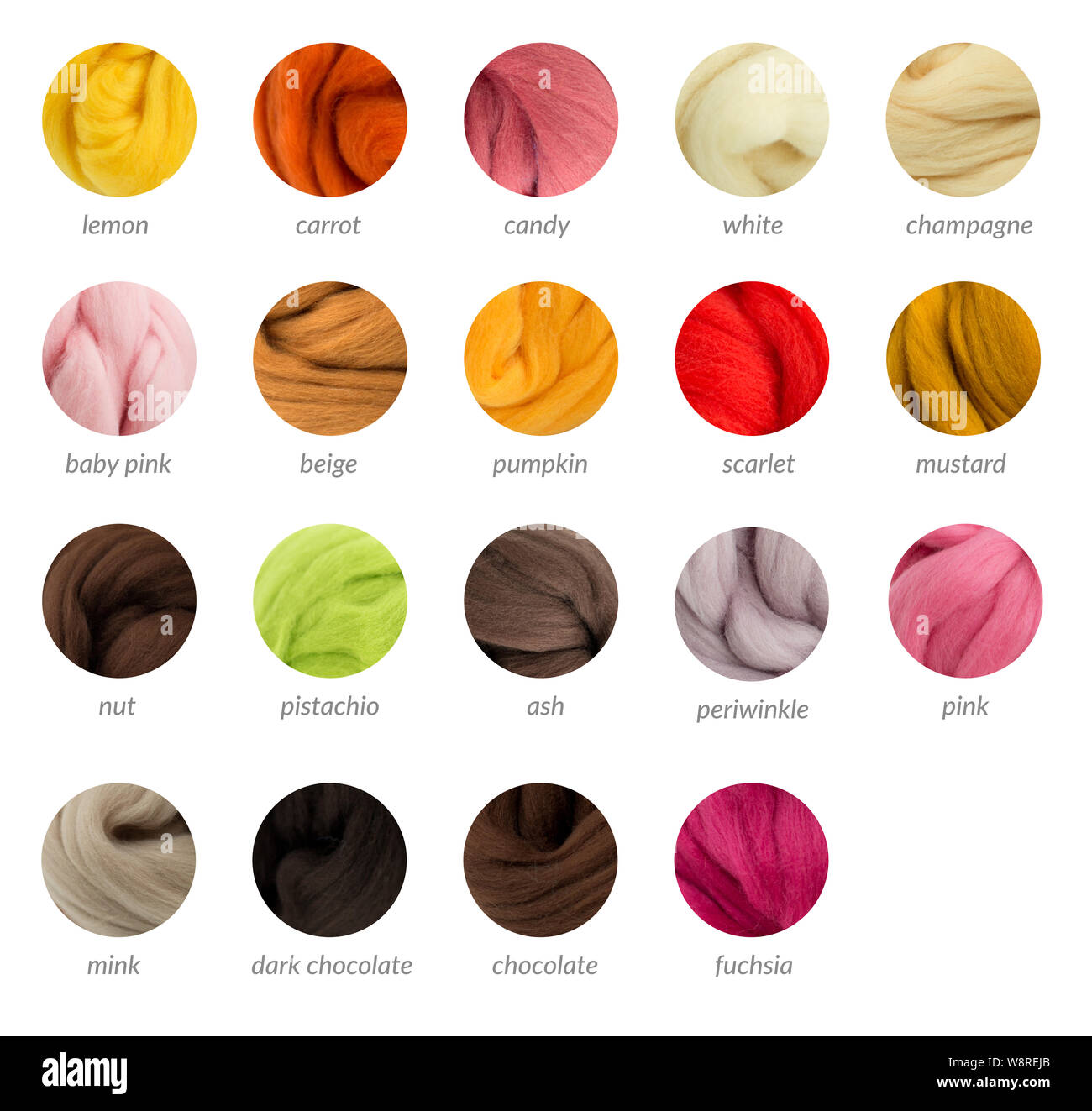 Warm colors merino wool palette guide with titles, round samples on ...