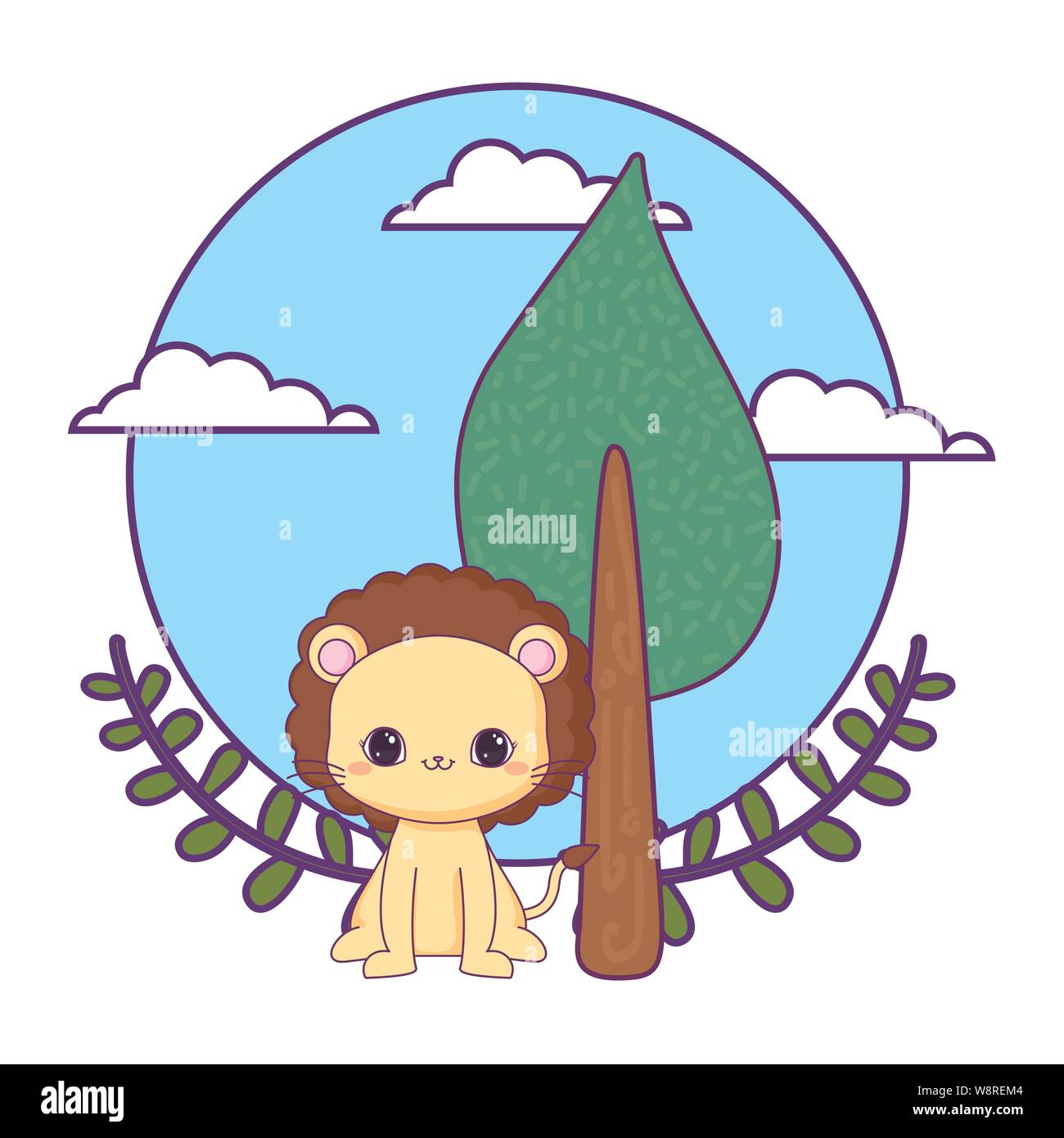 cute lion animal with tree plant and crown leafs vector illustration ...