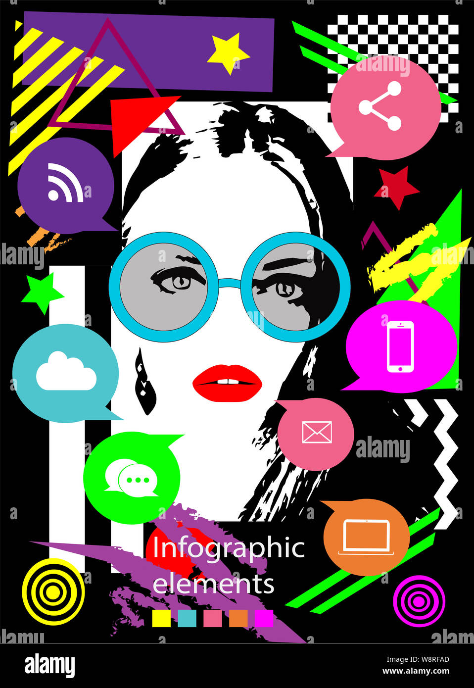 Technology face of a girl with social media icons, pop art infographic ...