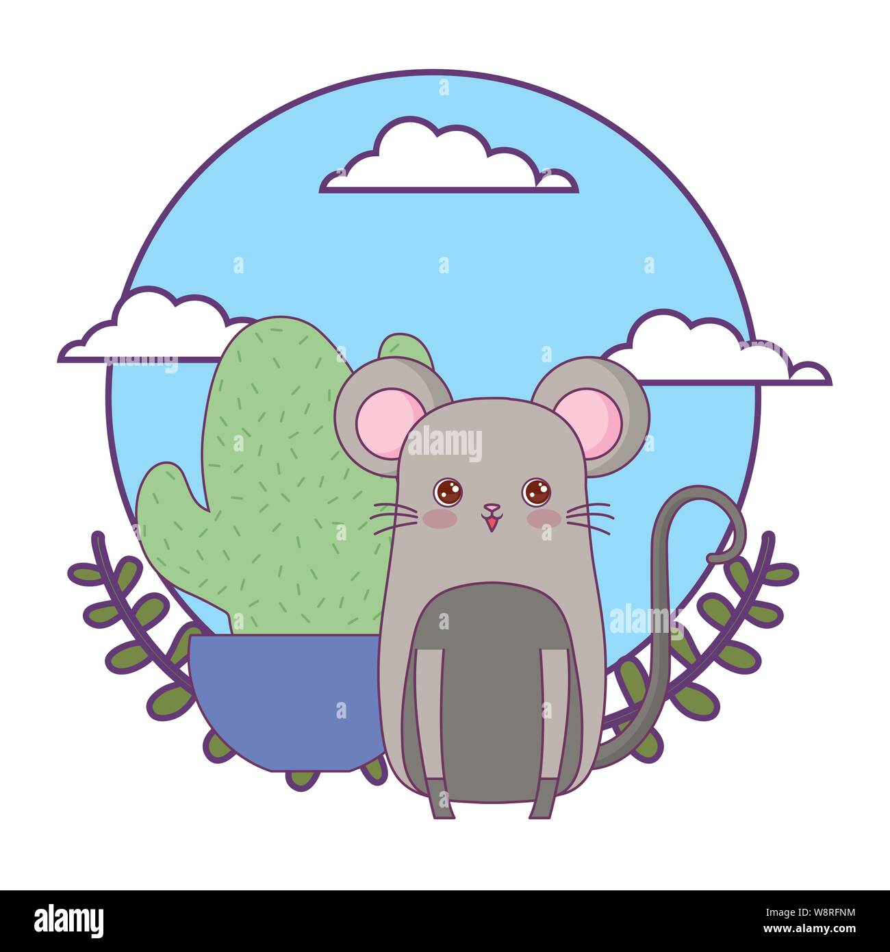 cute mouse with cactus in pot plant and crown leafs vector illustration ...