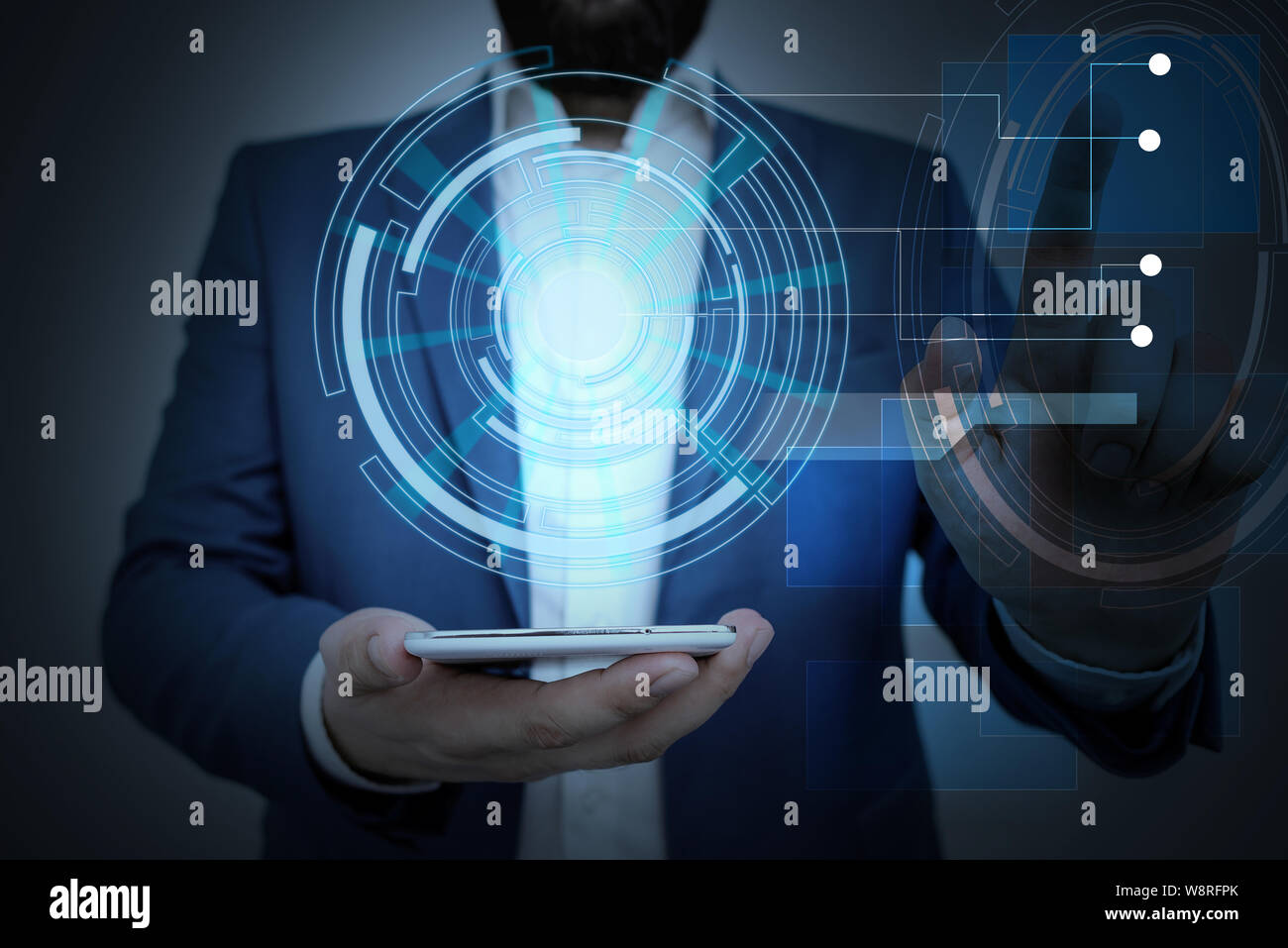 Male human wear formal work suit presenting presentation using smart ...