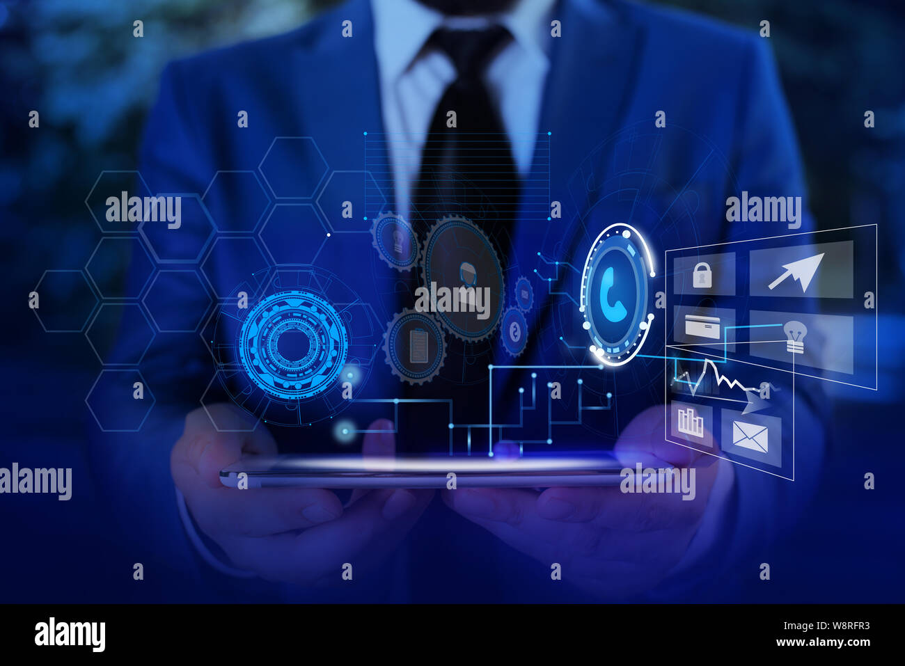 Male human wear formal work suit presenting presentation using smart ...