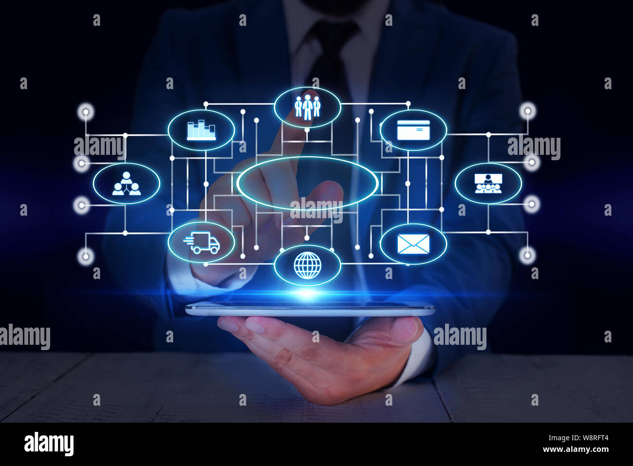 Male human wear formal work suit presenting presentation using smart ...