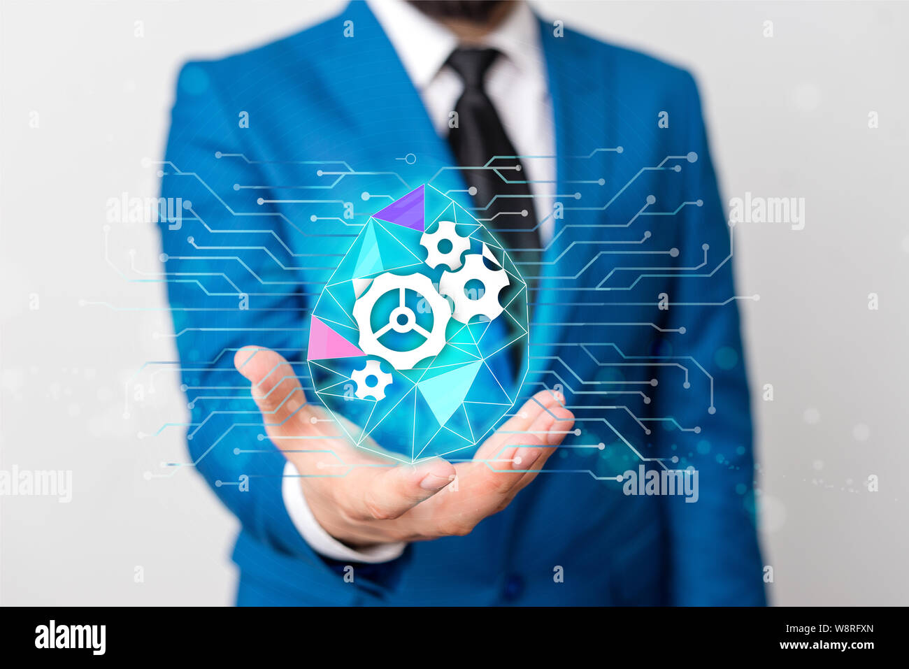 Male human wear formal work suit presenting presentation using smart ...