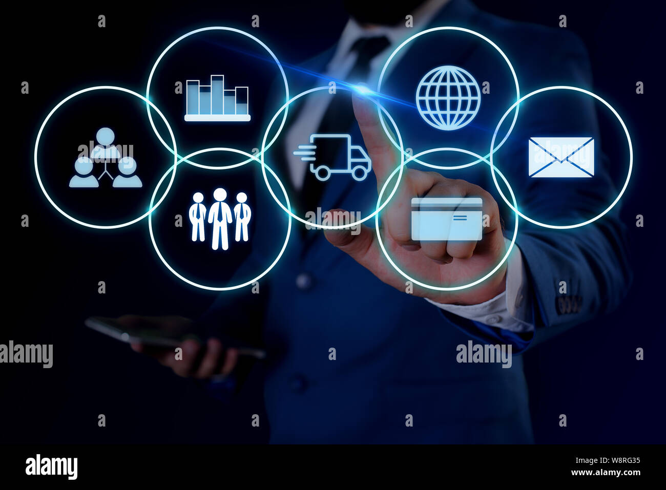 Male human wear formal work suit presenting presentation using smart ...