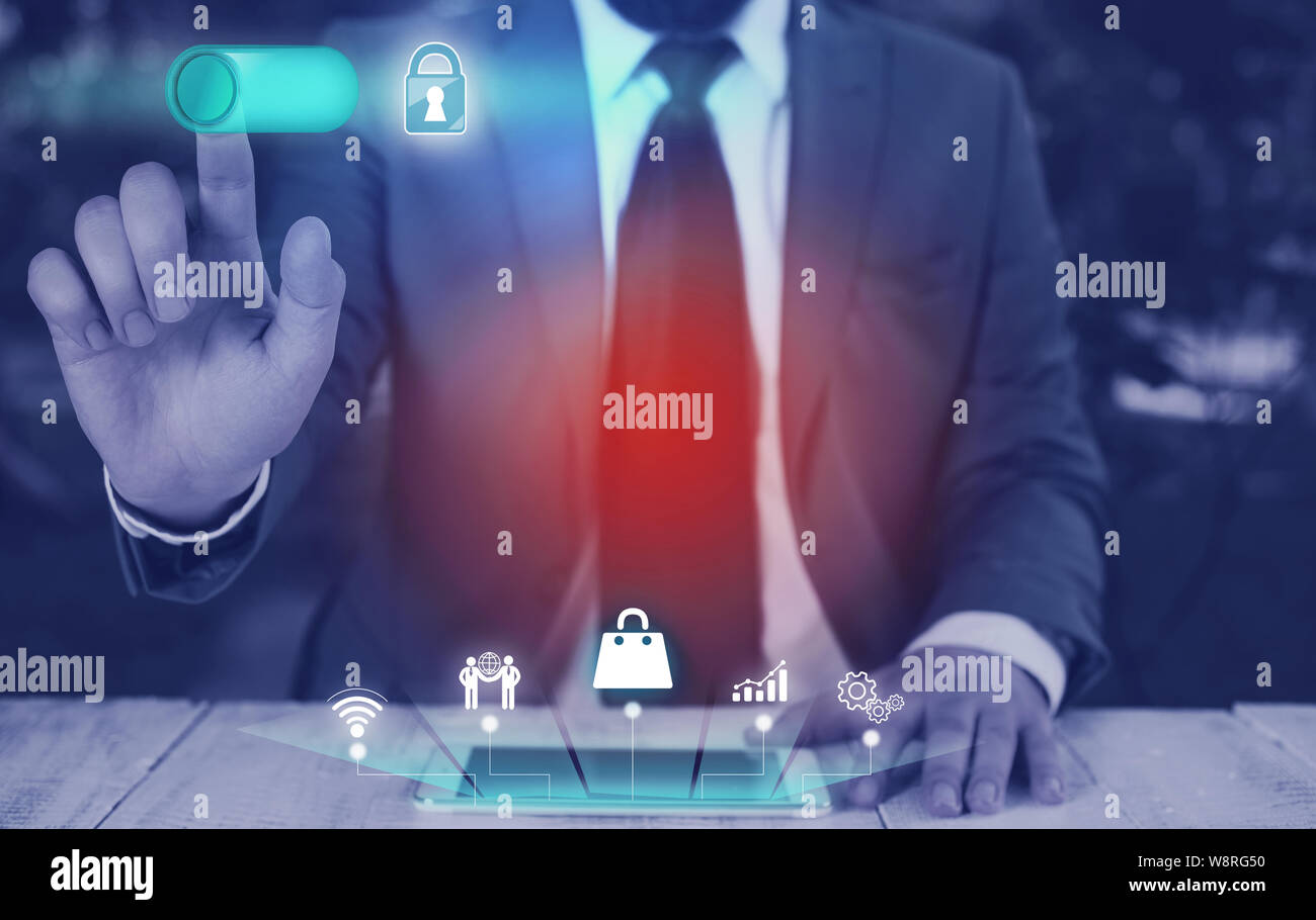 Male human wear formal work suit presenting presentation using smart ...