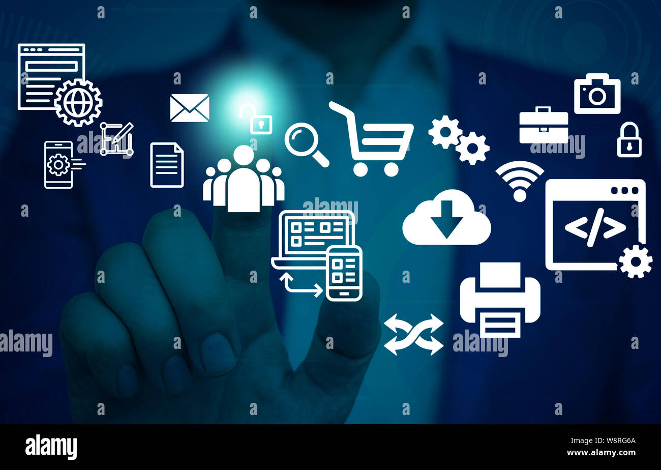 Male human wear formal work suit presenting presentation using smart ...