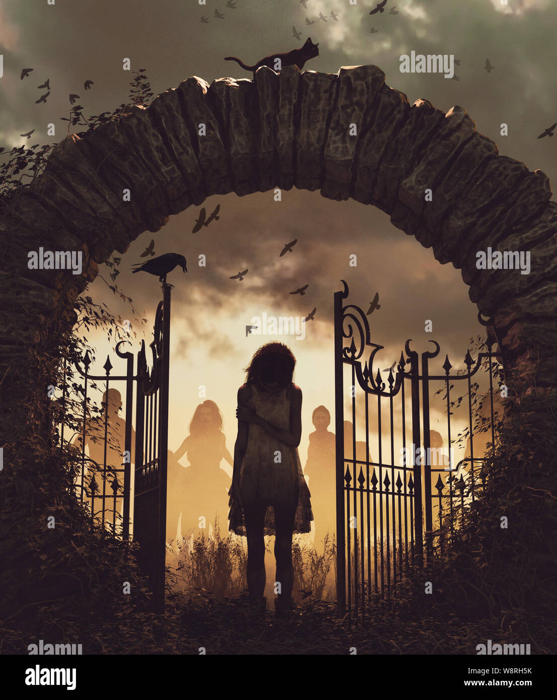 Ghost girl at the gate,3d illustration for book cover,vertical Stock ...