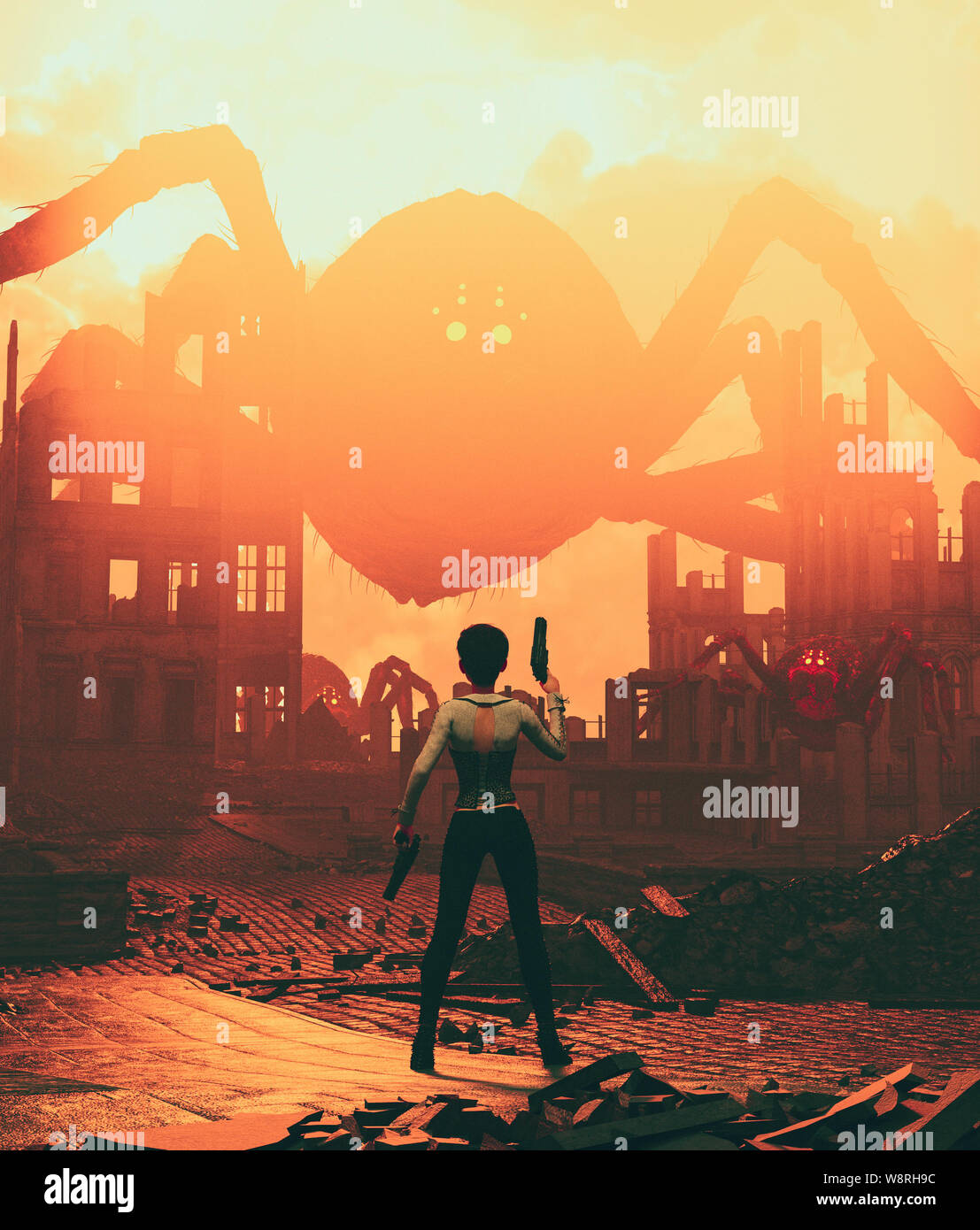 Sci-fi fiction girl with pistols fighting with giant spider in ruined ...