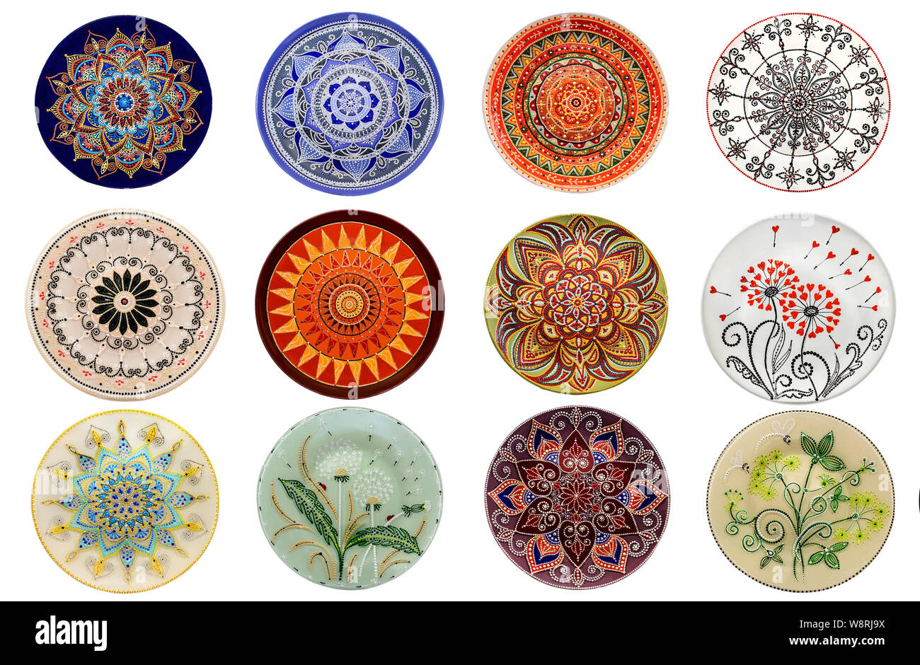 Set of decorative ceramic dishes hand-painted with acrylic paints ...