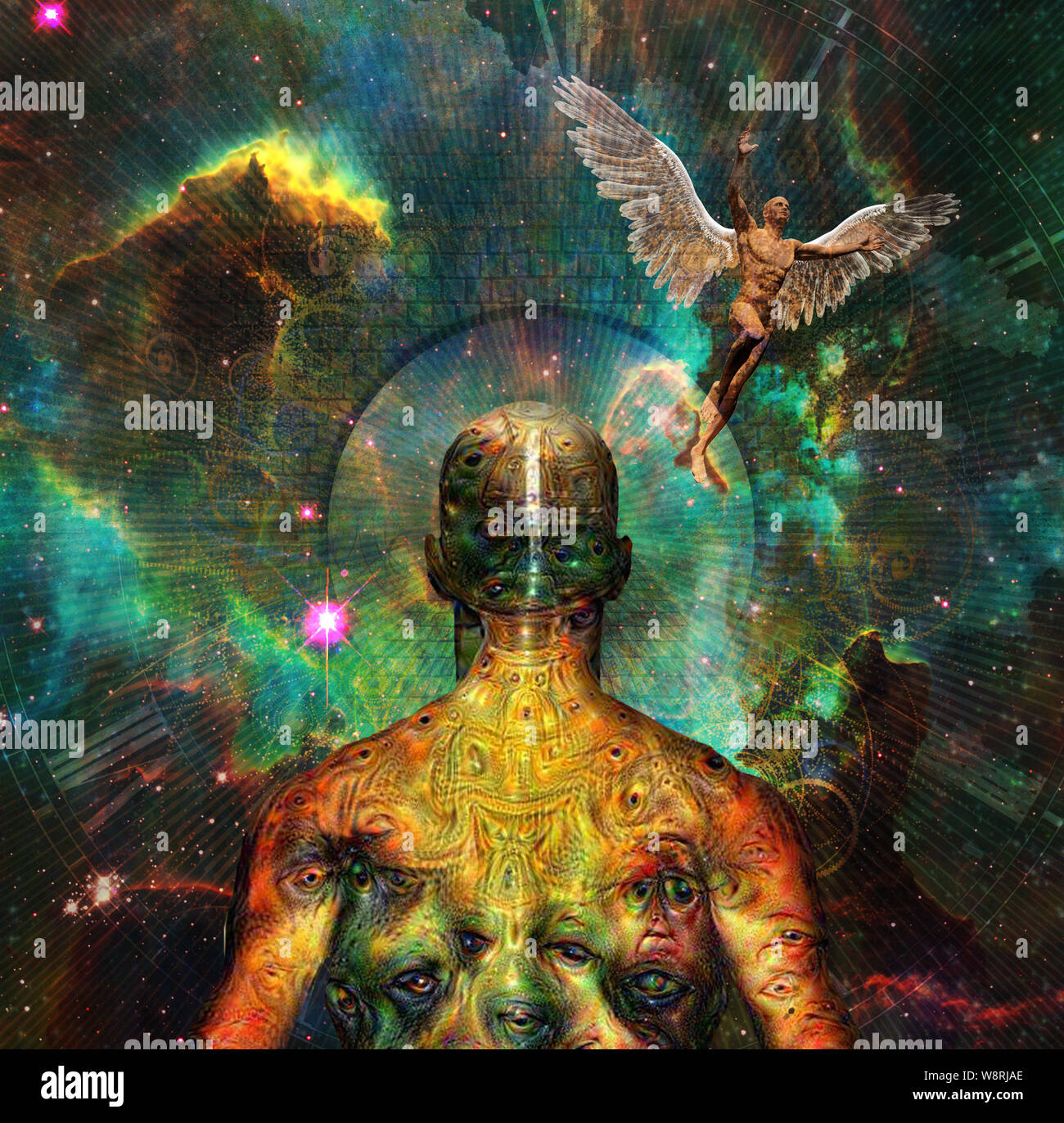 Surrealism. Figure of man with weird demonic eyes on his skin stands ...