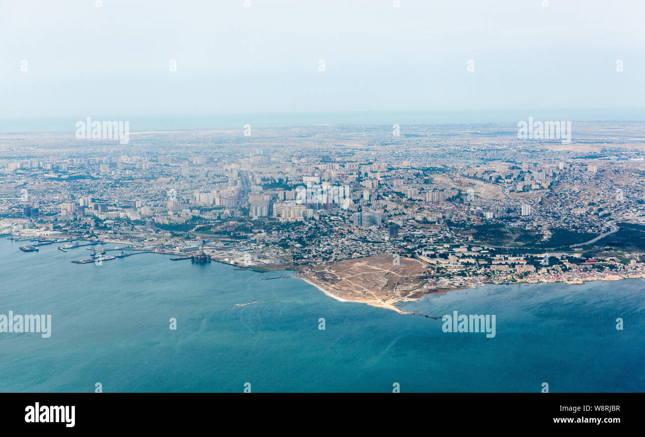 Aerial view over Sultan Burnu, Zygh, Akhmedly, Gunashli and Hazi ...