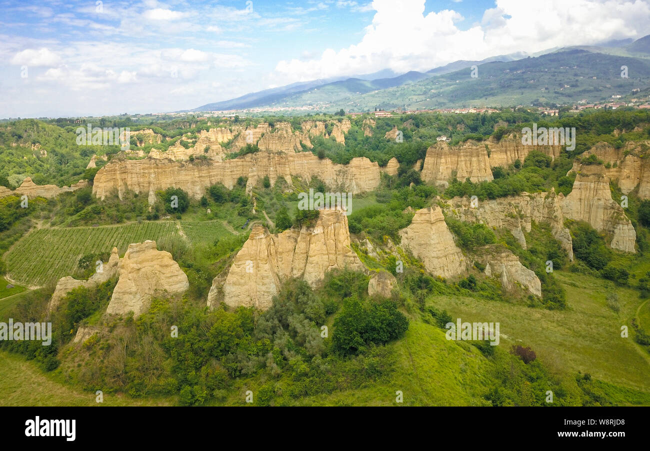 Aerial view of Le Balze canyon landscape in Valdarno, Italy Stock Photo ...