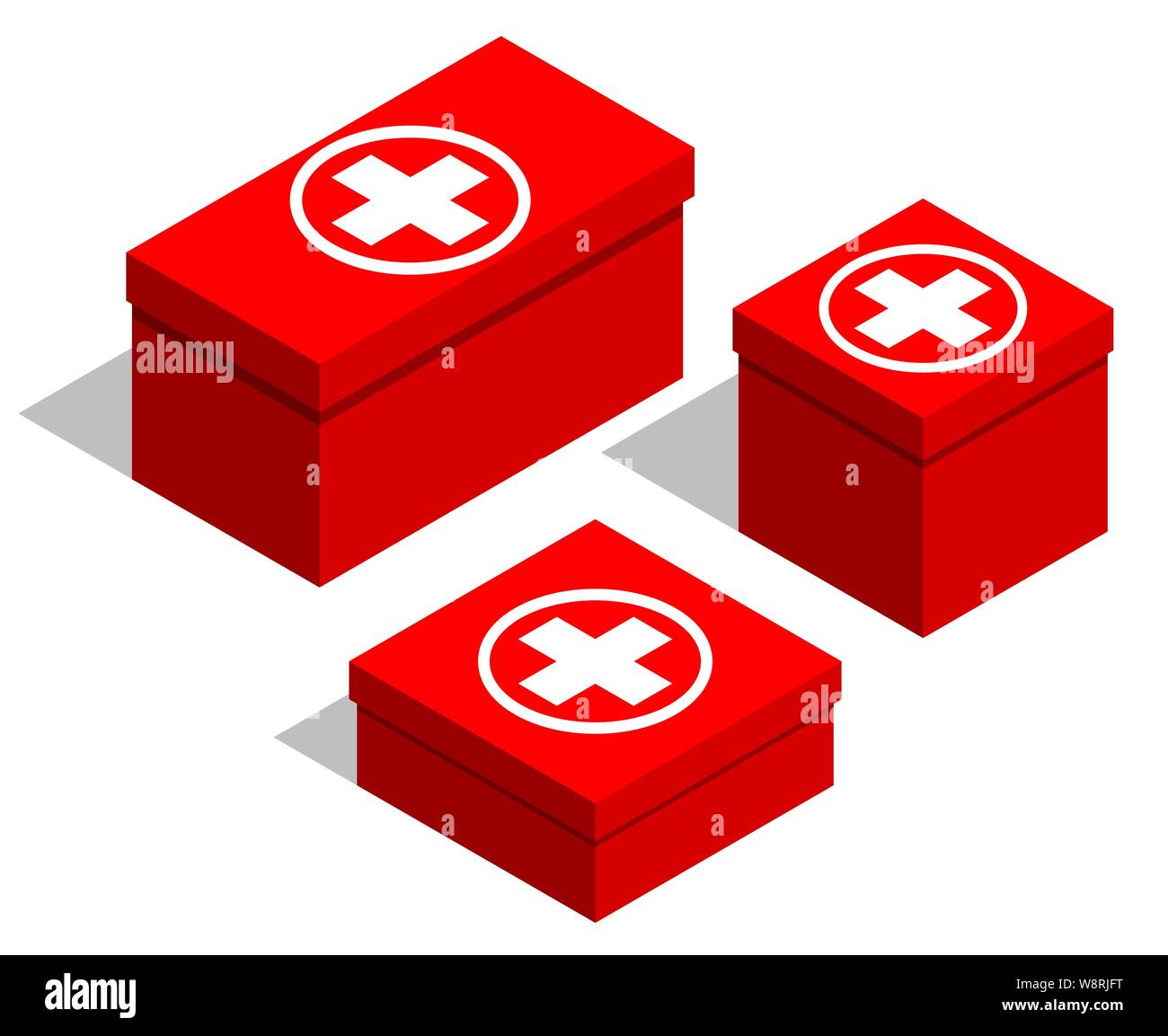 Medical first-aid kits. Set of red boxes with a medical symbol on the ...