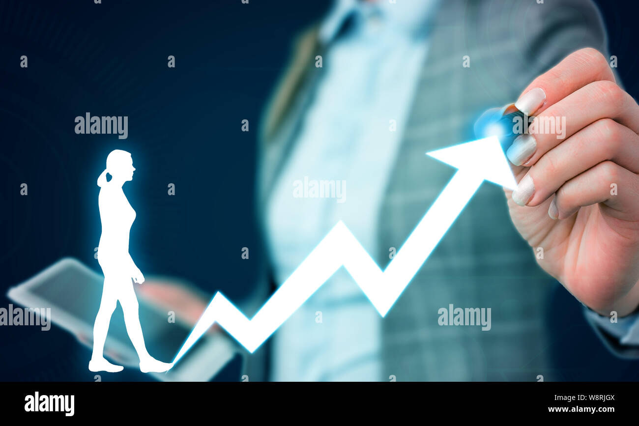 Female human wear formal work suit presenting presentation use smart ...