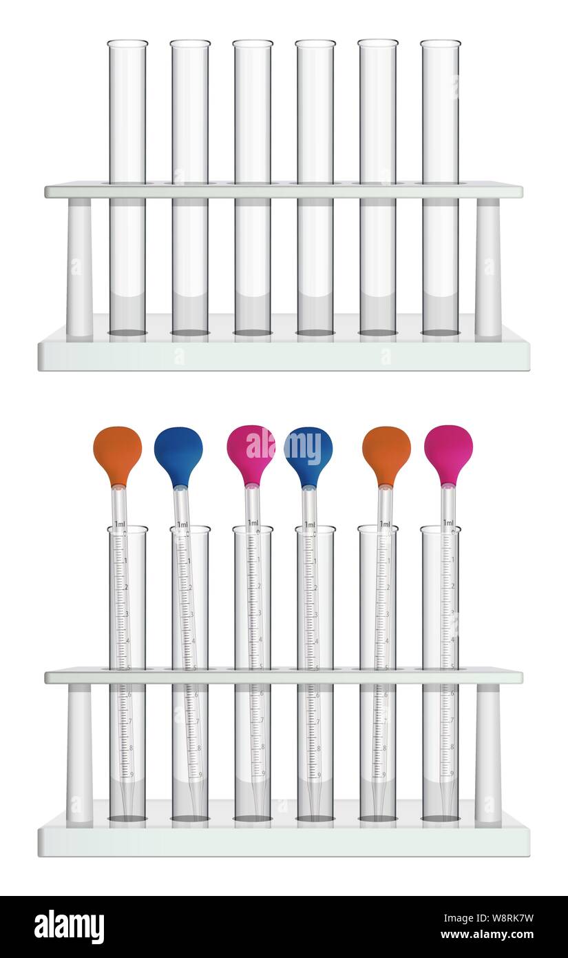 A set of tubes in racks. Empty test tubes and test tubes with measuring ...