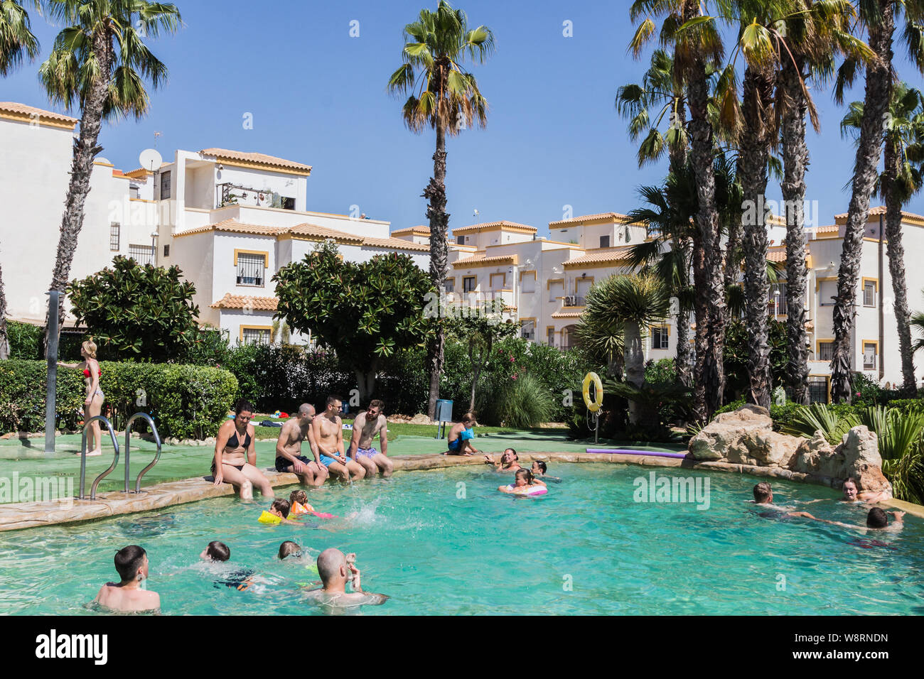Palm trees and residence houses under a sunny and blue sky during ...